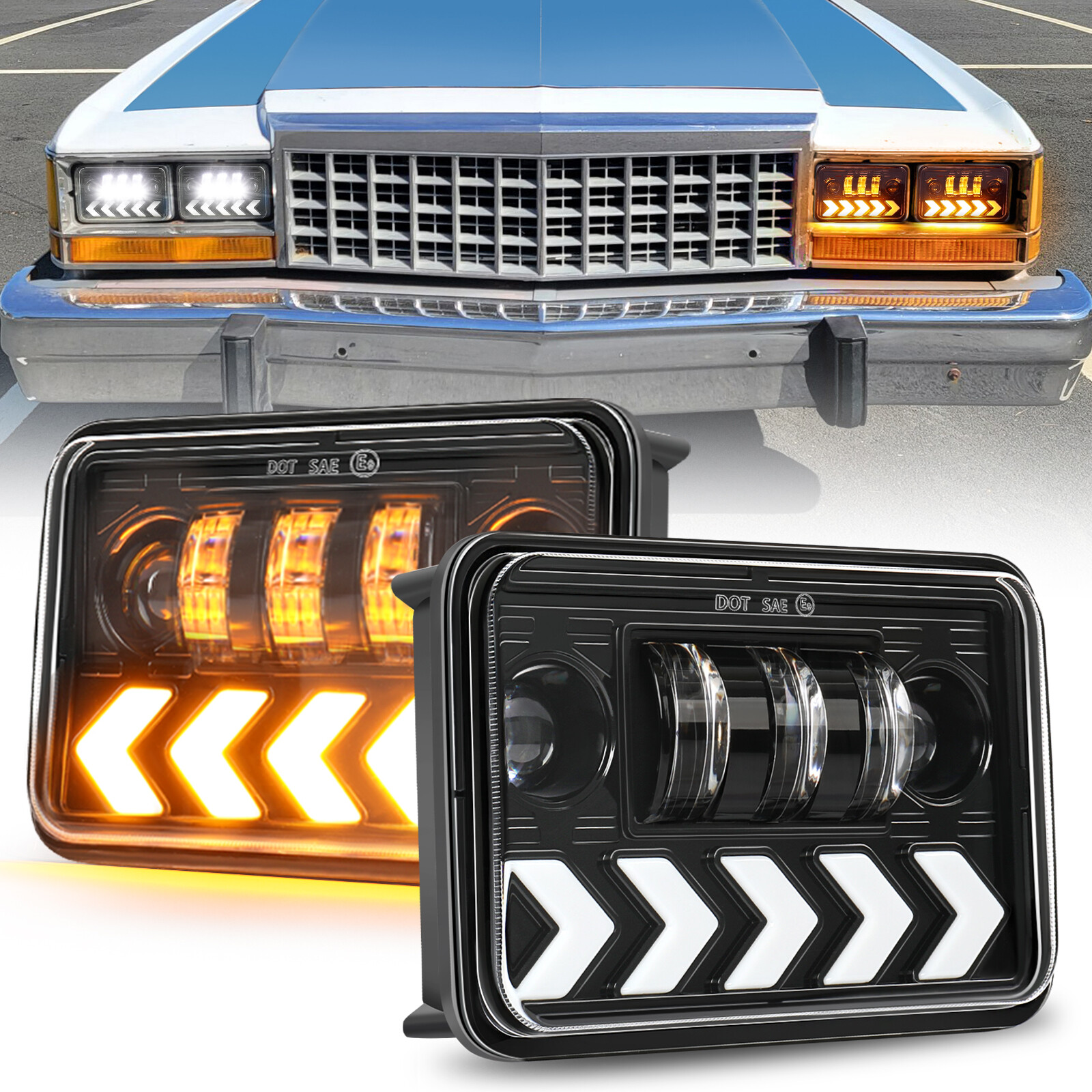 Pair 4x6" LED Headlights Arrow DRL Turn Beam For Ford LTD Crown ...