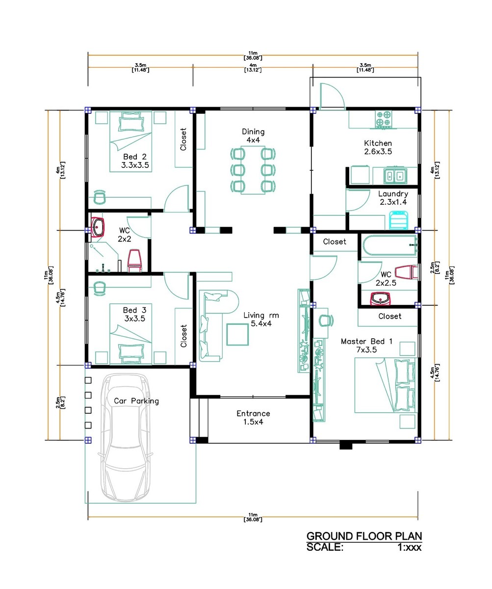 36x36 House Floor Plan V 485| 36x36 Modern Tiny House Plan, 3 Bedroom