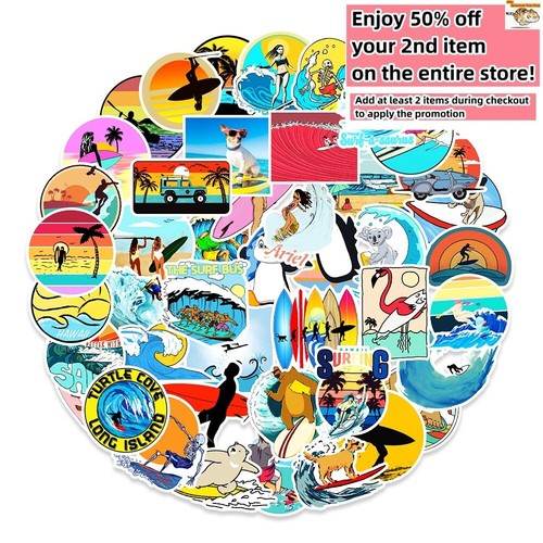 50pcs Waterproof Vinyl Stickers Summer Vacation Surfing Beach Luggage ...