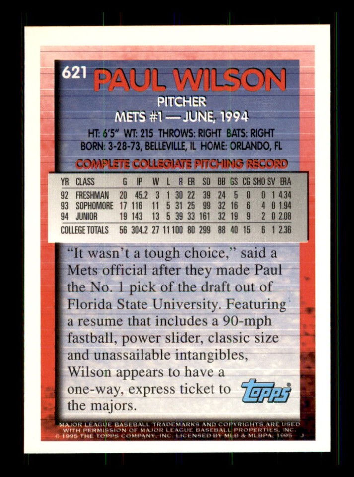1995 Baseball Topps Paul Wilson New York Mets #621 DP RC | eBay