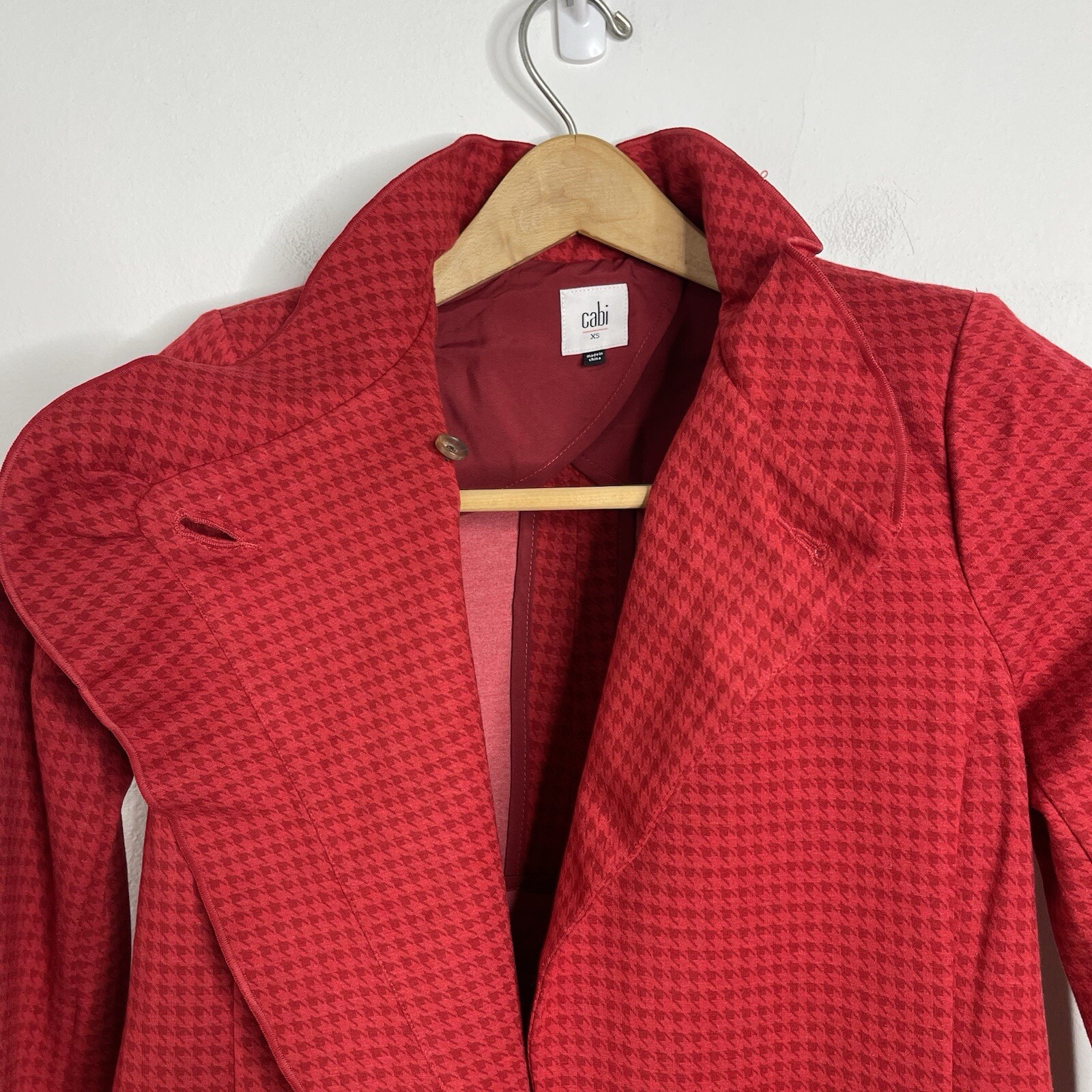 Cabi Red Celebration Jacket 3546 Houndstooth Long Ruffled Coat Button ...