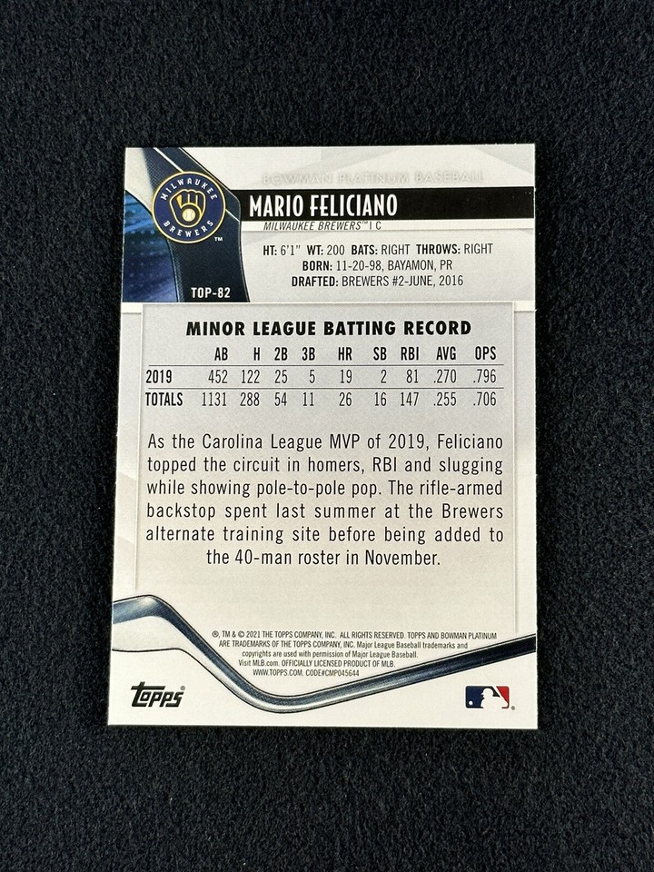 2021 Bowman Platinum MARIO FELICIANO Top Prospect #TOP-82 Milwaukee ...