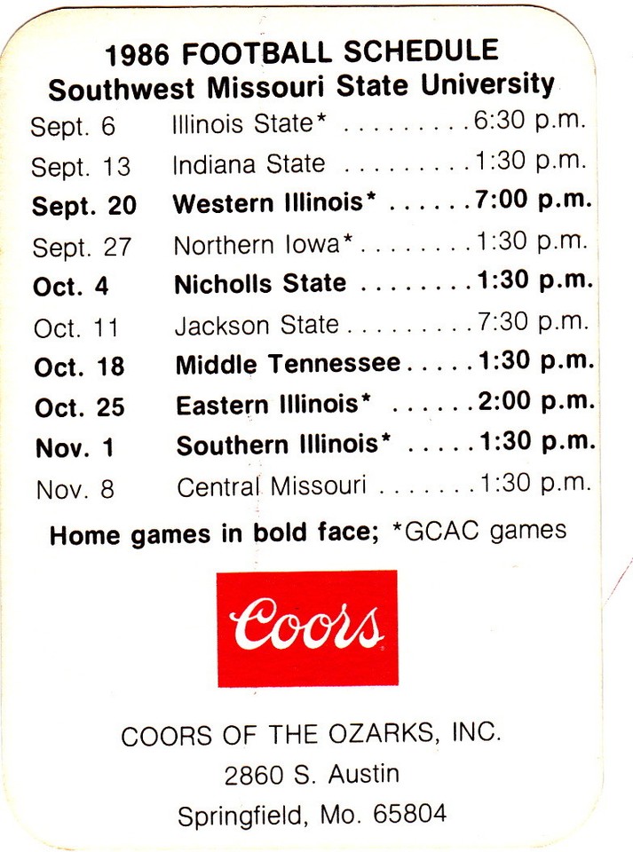 1986 SOUTHWEST MISSOURI STATE UNIVERSITY FOOTBALL POCKET SCHEDULE | eBay