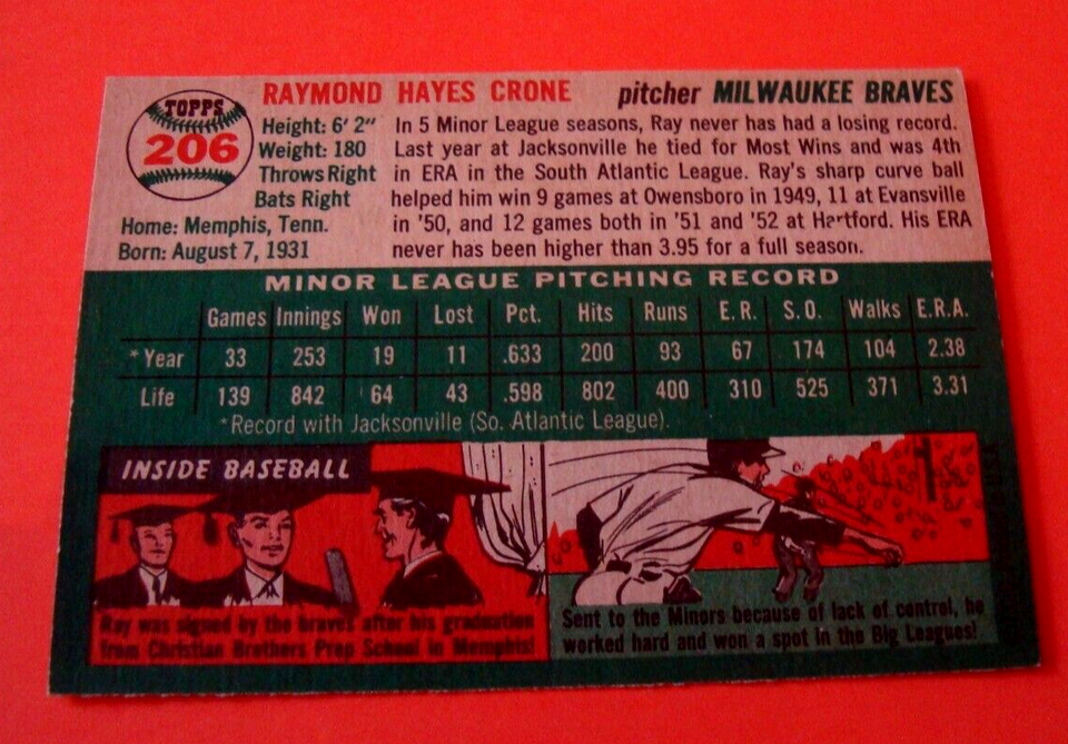 1954 TOPPS #206 RAY CRONE no creases EX/NM or better MILWAUKEE BRAVES ...