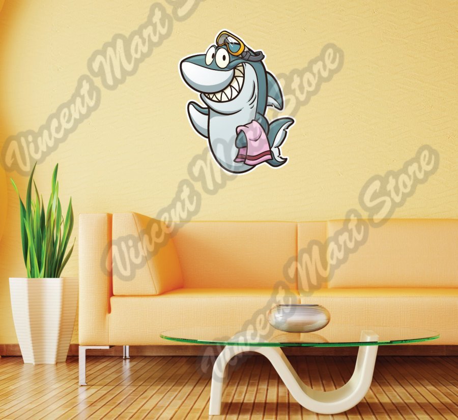 Cute Smiling Shark Diving Mask Cartoon Wall Sticker Room Interior Decor ...