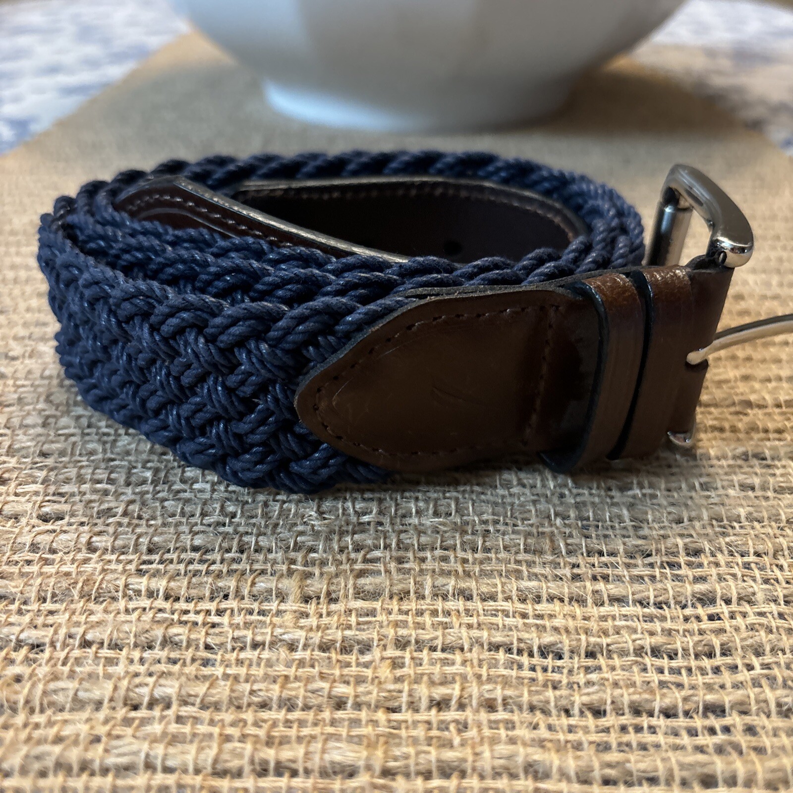 Nautica Navy Blue Woven Rope Belt with Bonded Leather… - Gem