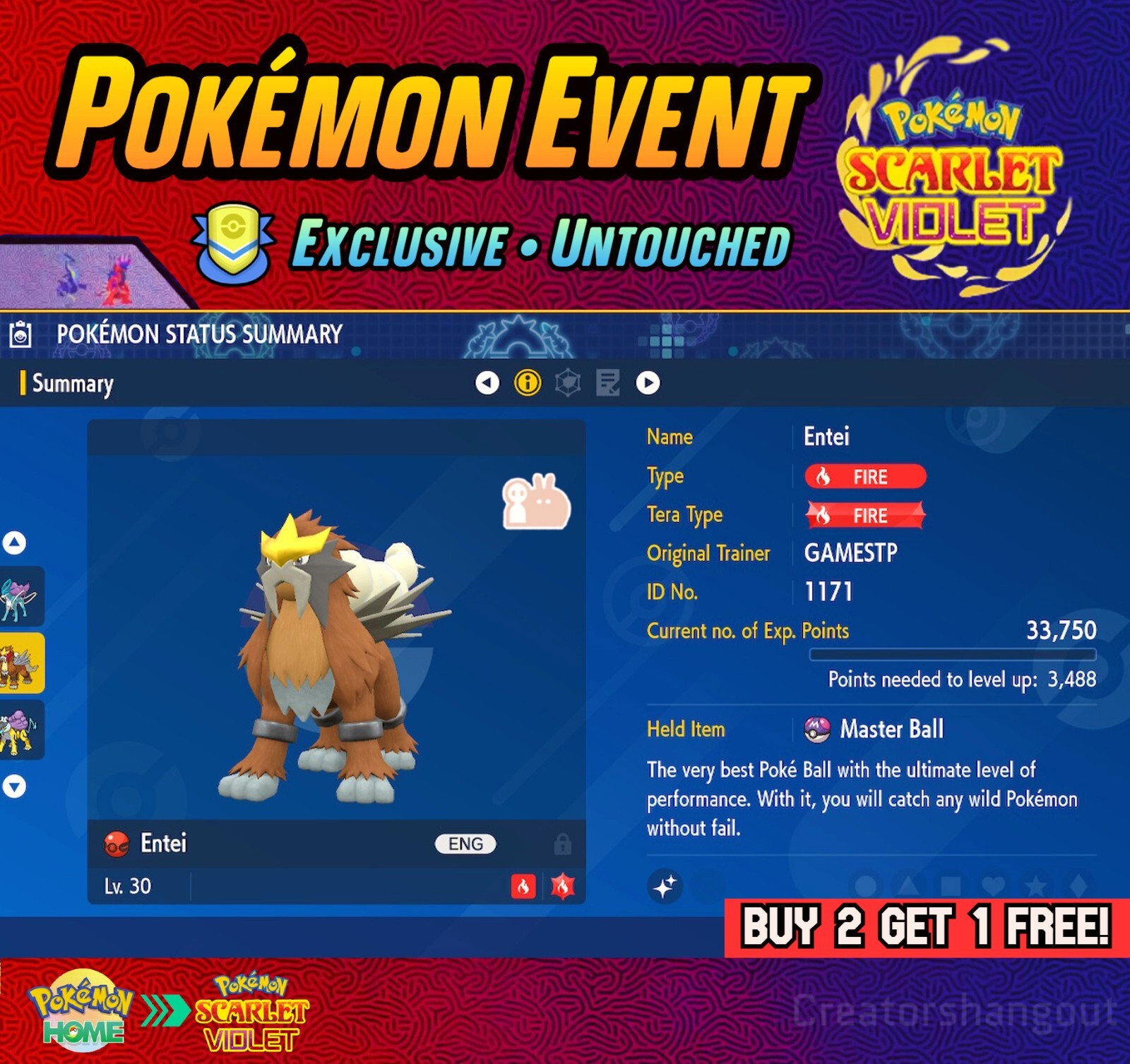 Shiny Entei Event GAMESTOP Event | Untouched Pokemon Scarlet and Violet ...