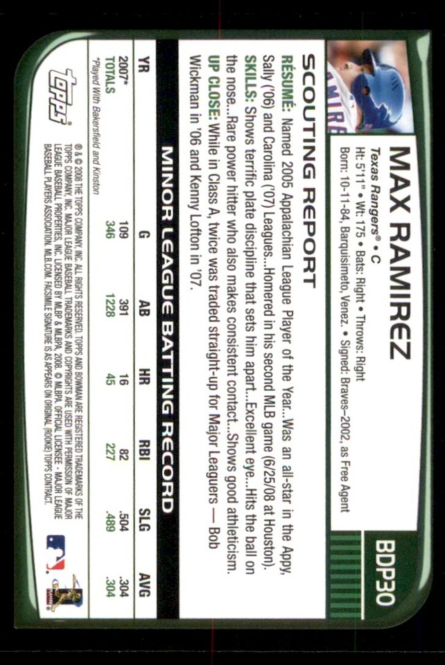 2008 BOWMAN DRAFT PICKS & PROSPECTS MAX RAMIREZ RC TEXAS RANGERS #BDP30 ...