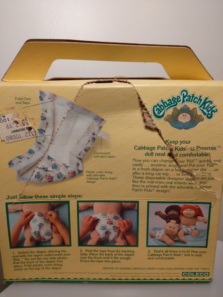 Vintage 1984 Cabbage Patch Kids Coleco 3 Disposable Diapers w/ Box Used **Read** | eBay