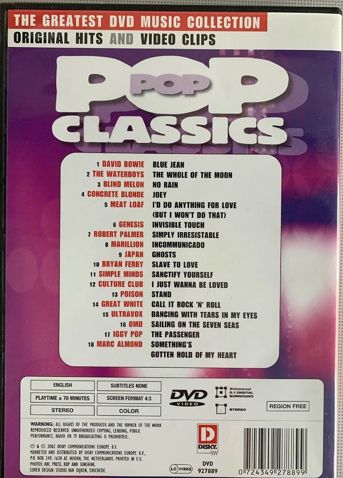 Pop Classics DVD 2002 Japan Waterboys David Bowie Simple Minds Bryan ...