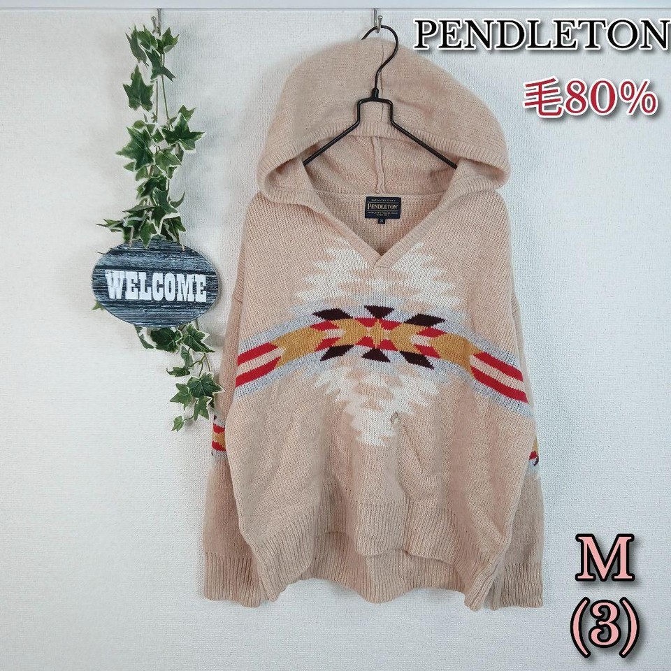 PENDLETON Knit Hoodie Parka 3M Beige Native pattern Wool blend Size M ...