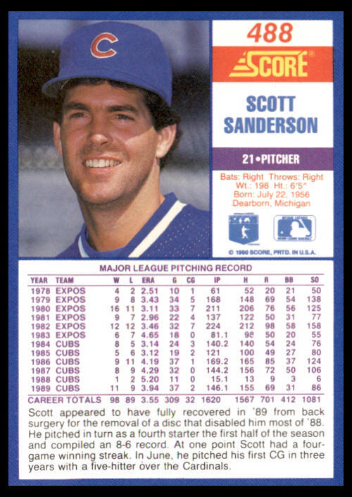 1990 Score #488 Scott Sanderson Chicago Cubs Baseball Card | eBay