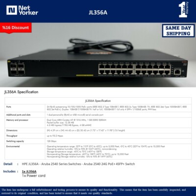HPE Aruba JL356A 2540-24G-POE+ 24 Port PoE+ 4 x SFP+ Switch - Same Day ...