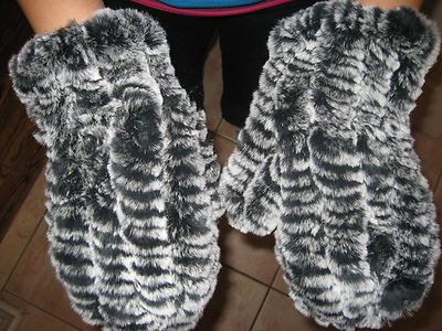 Real Rex Rabbit Fur Winter Gloves Mittens w/hanging string Black Brown ...