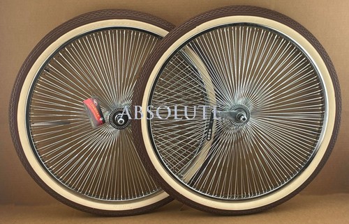 VINTAGE LOWRIDER 26" 144 SPOKE CHROME DAYTON RIM SET W/ BROWN/CREAM ...