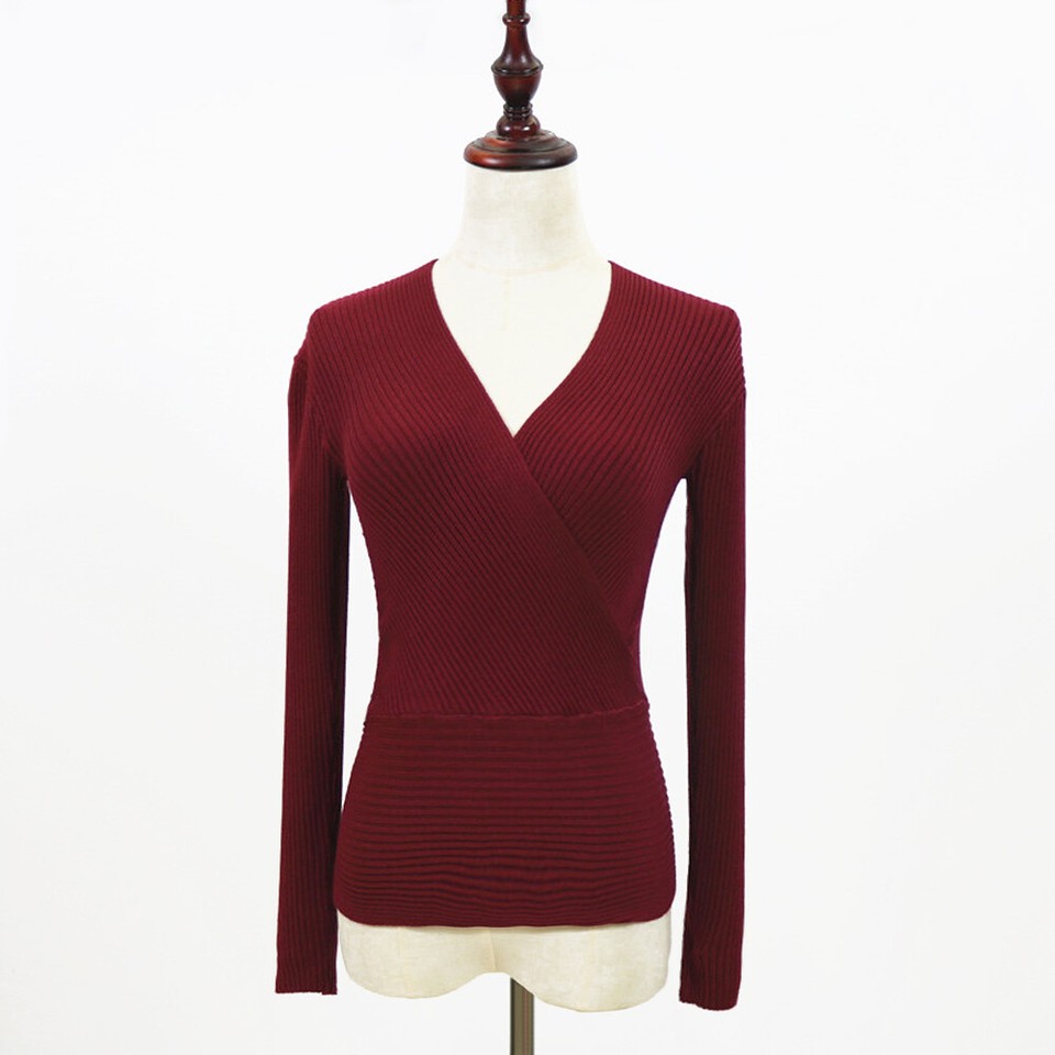 Lady Ribbed Knit Sweater Cross Over Front Deep V Neck Pullover Jumper ...