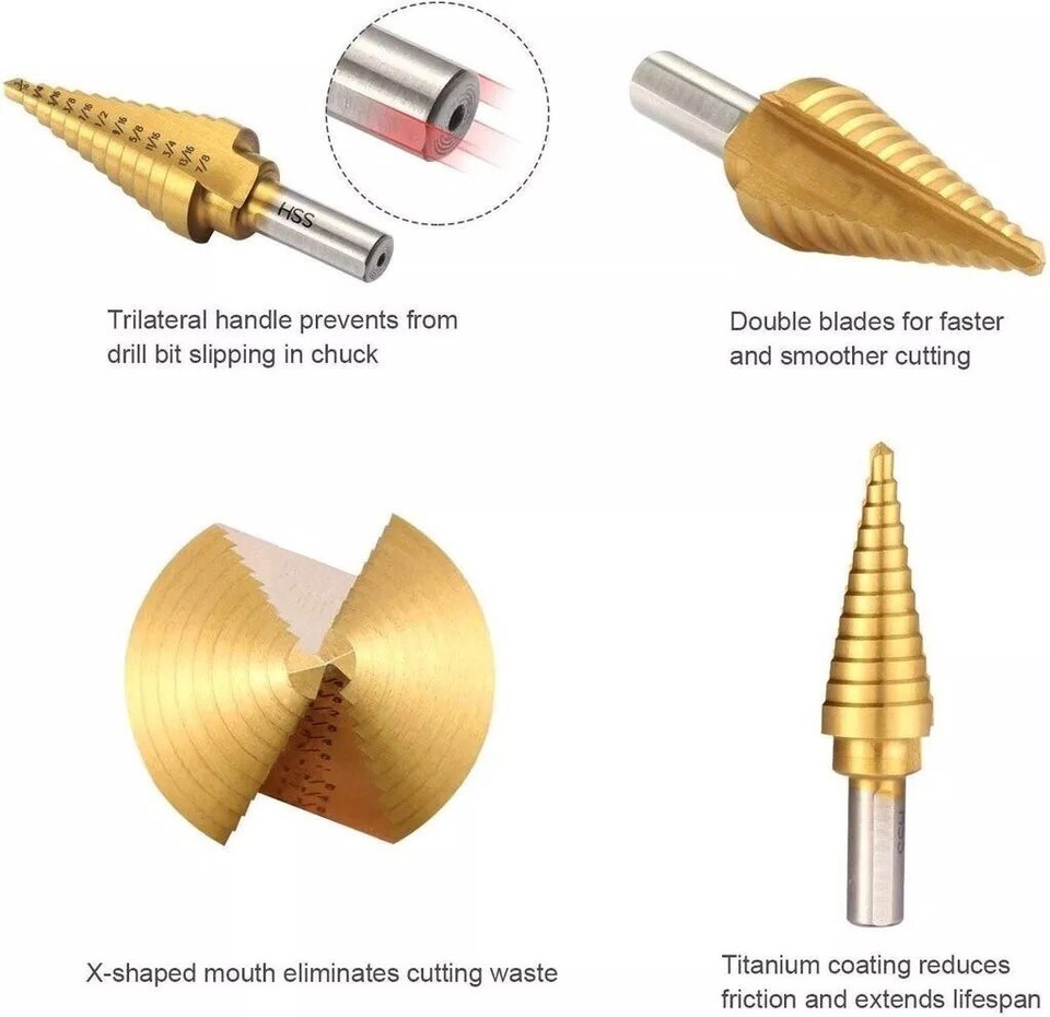 5PC Metal Cut Titanium Coated Step Unibit Drill Bit Set w Automatic ...