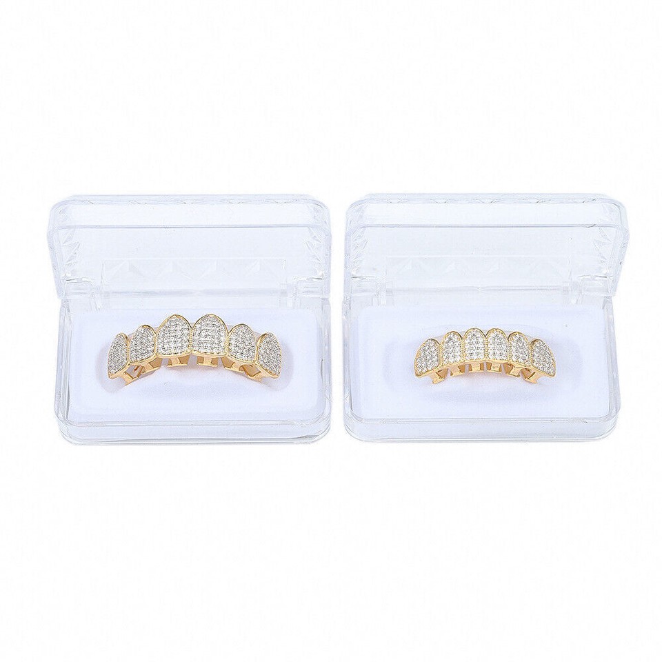 6 Teeth Grillz Mouth Top Bottom Full Iced Bling Hip Hop Tooth Caps ...