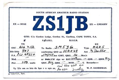 QSL Radio ZS1JB Cape Town South Africa ham 1948 Gordon Lodge Sandeman ...