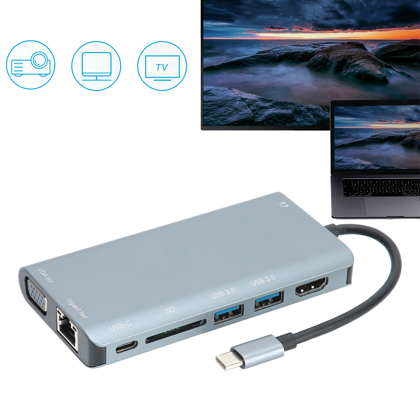 USB3.0 Hub 8‑in‑1 C Type Adapter 4K VGA USB Aluminum Alloy Computer Sup ...
