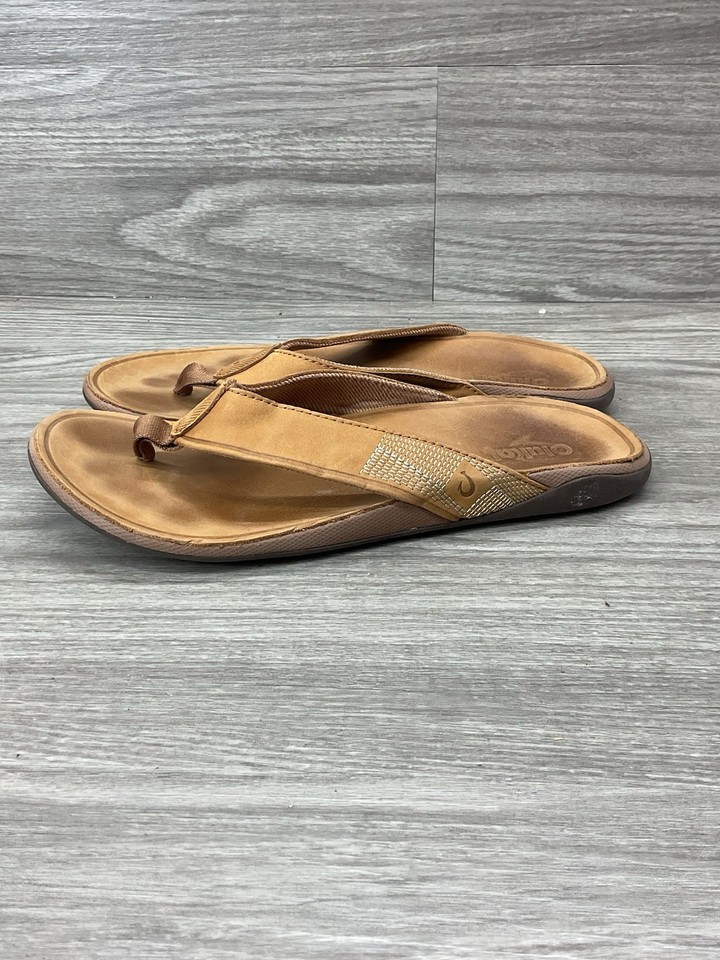 Men's Olukai Tuahine Toffee Color Brown Leather Flip Flop Sandal US ...
