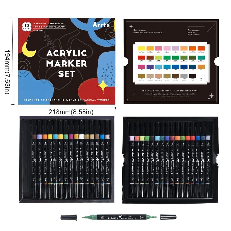 Arrtx Acrylic Paint Pens, 32 Colours Brush and Fine Tips 32 Colors ...