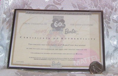MATTEL GROOVY 60'S BARBIE DOLL CERTIFICATE OF AUTHENTICITY COA ONLY ...