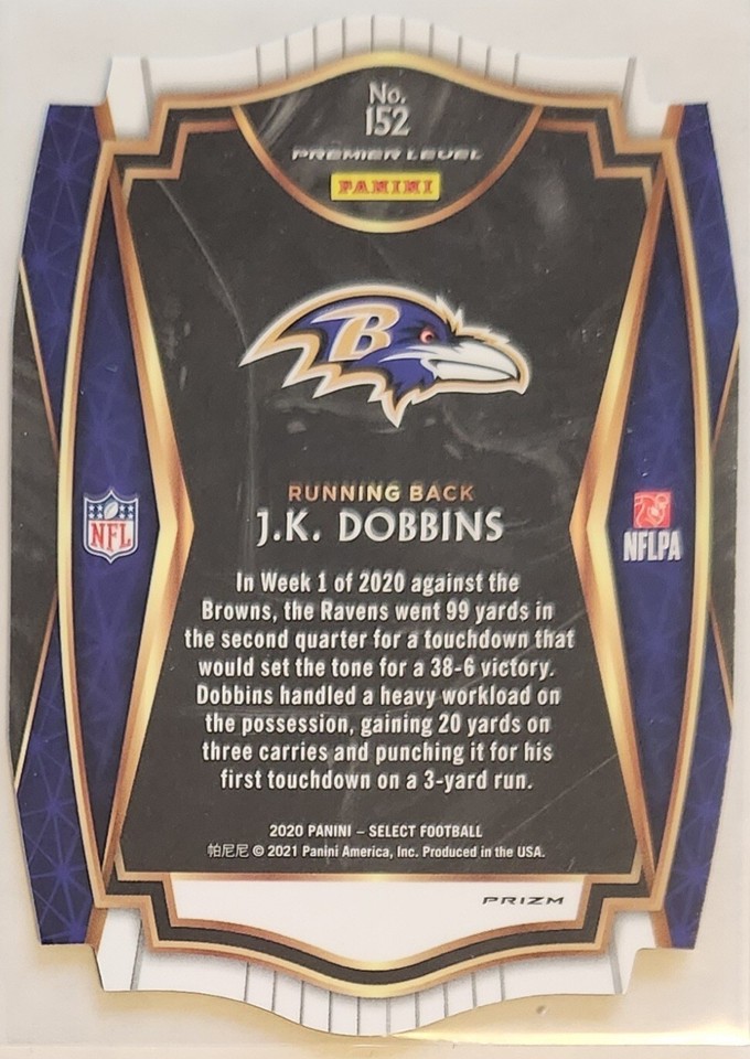 J.K. JK DOBBINS 2020 SELECT PRIZM PURPLE DIE CUT RC ROOKIE #152 PREMIER ...