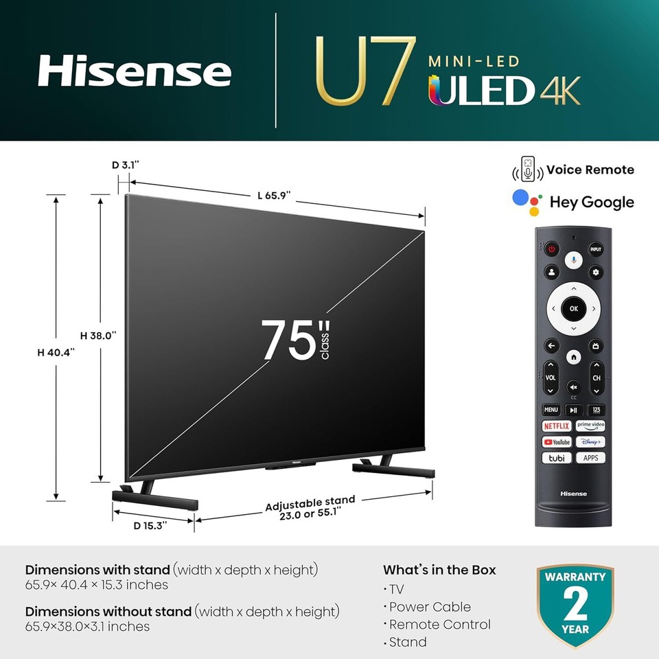 Hisense 75" Class U7 Series Mini-LED ULED 4K Google TV 75U7K Local Pickup Only | eBay
