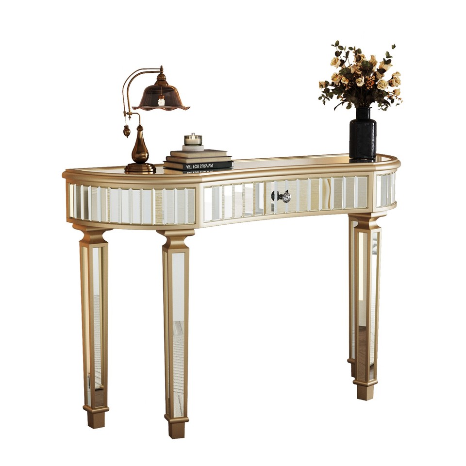 Half-Moon Mirrored Console Table with Fluted Glass & Drawer，Entryway ...