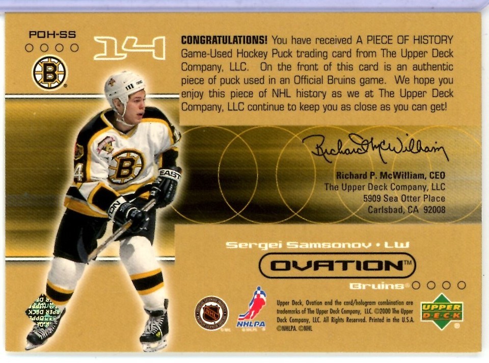 1999-00 Upper Deck Ovation A Piece Of History #SS Sergei Samsonov PUCK ...