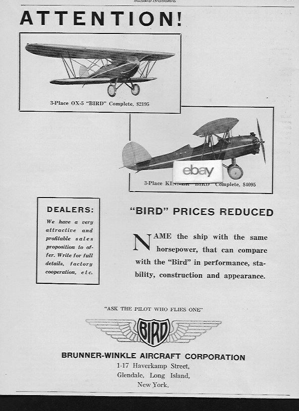 BIRD AIRCRAFT CORP GLENDALE,NY 1930 KINNER BIRD & OX-5 BIRD PRICES ...