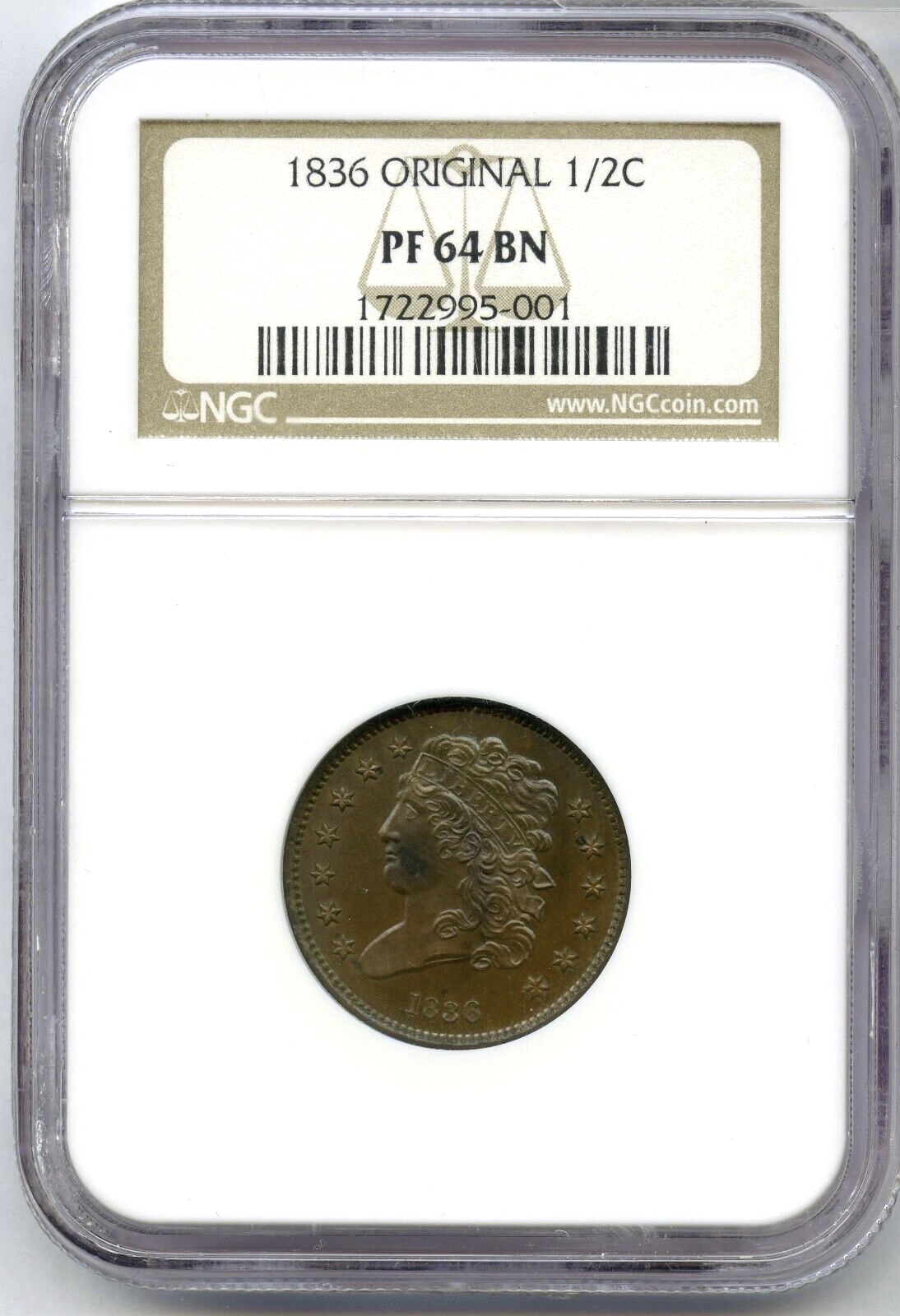 1836 Classic Head 1/2 Half Cent Original NGC PF64 BN Proof Coin - JP030 ...