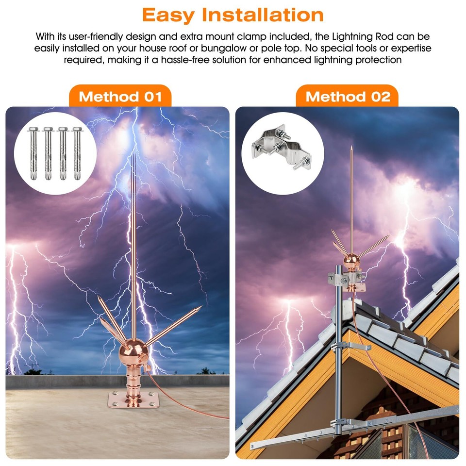 Lightning Rod,Copper Brass Lightning Rod Kit System with 60 feet 6 AWG ...