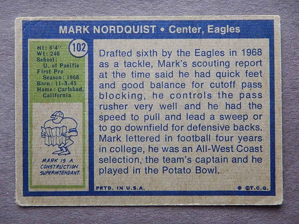 Mark Nordquist #102 Topps 1972 Football Card (Philadelphia Eagles)* | eBay