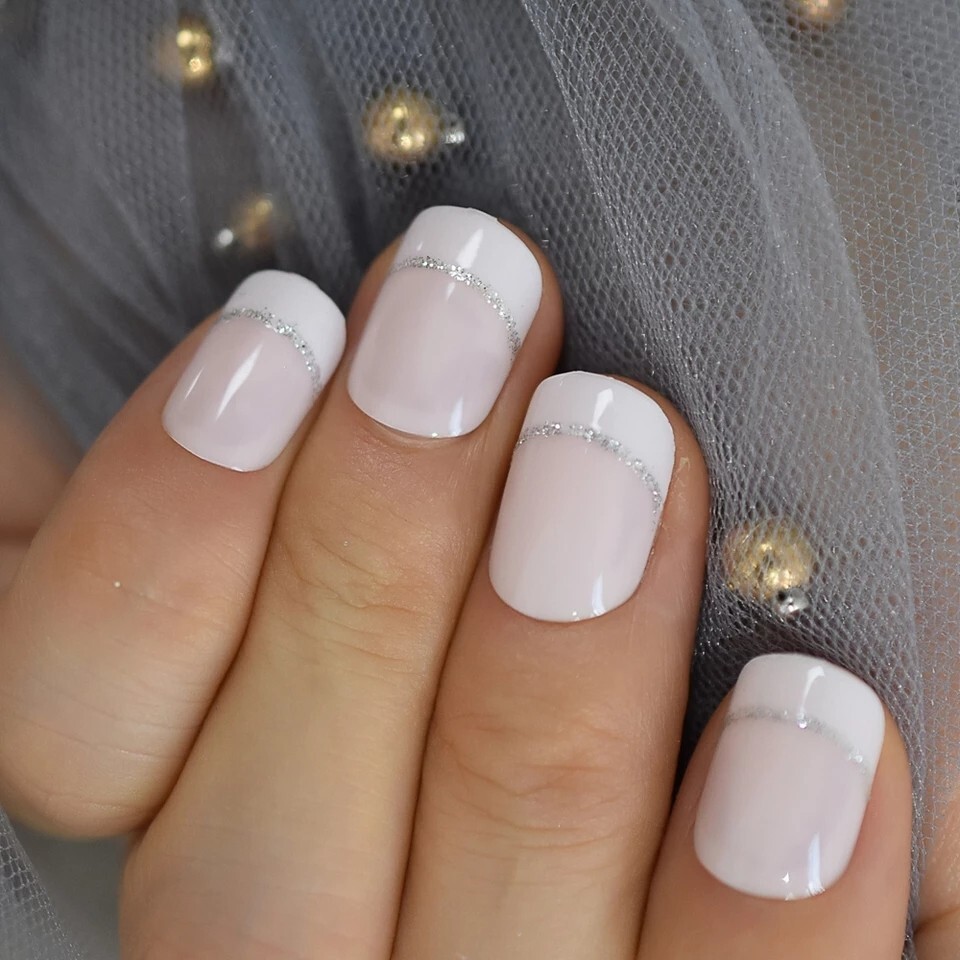 24 Short Silver glitter line French mani tip Press on nails set with ...