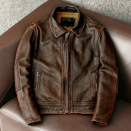 Men's Motorcycle Real Leather Jacket Vintage Distressed Waxed Brown ...