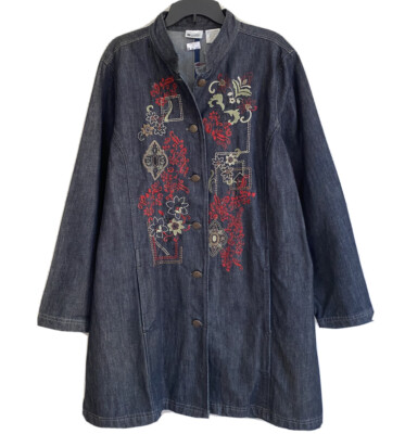 Units Woman Plus 3X Embroidered Dark Denim Jean Coat Long Jacket 100% ...