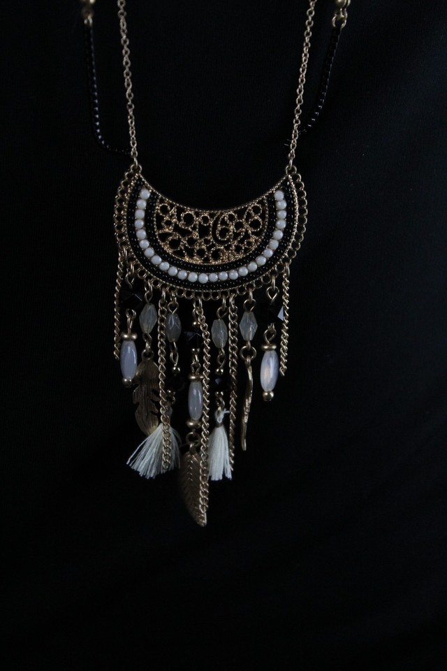 Long Gold Filigree Beaded Feather and Tassel Native Necklace & Earring ...