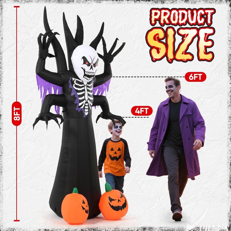 8FT Halloween Inflatables Skeleton Tree - Creepy Face Grim Reaper Blow ...