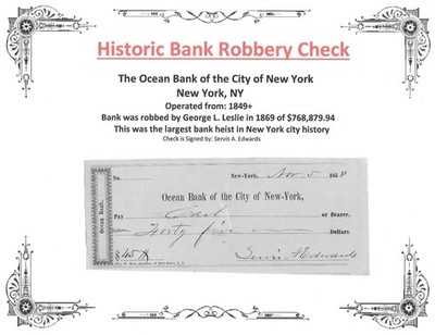 Bank Robbery Check, CK Lot#90, $45 Ocean Bank of the City of New York ...