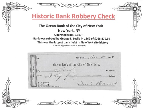 Bank Robbery Check, CK Lot#90, $45 Ocean Bank of the City of New York ...