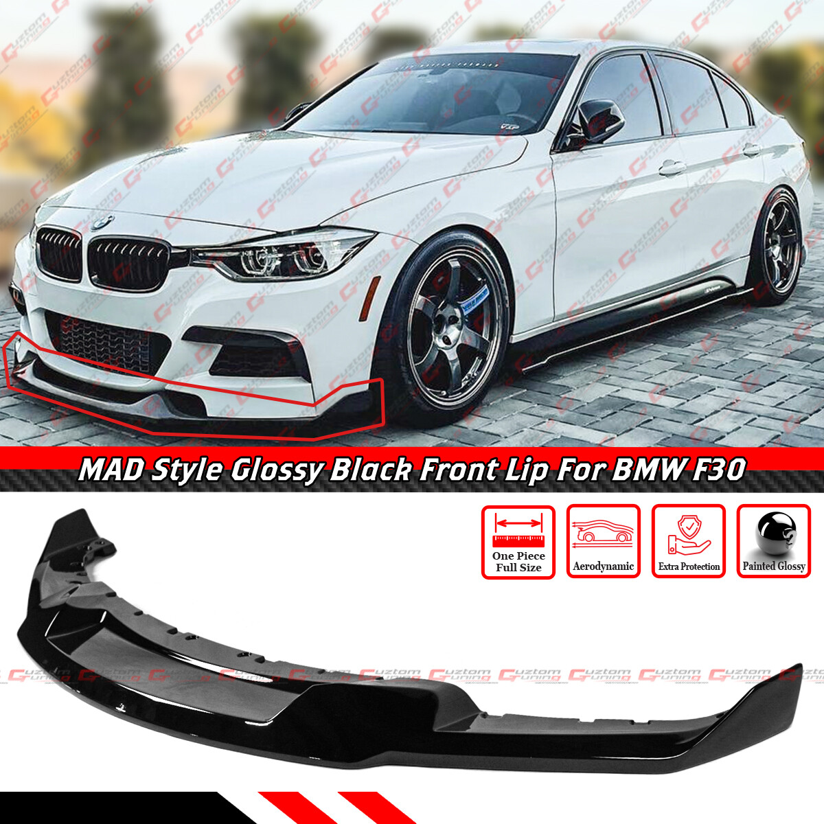 For 2012-18 BMW F30 F31 M Sport Glossy Black MAD Style Front Bumper Lip ...