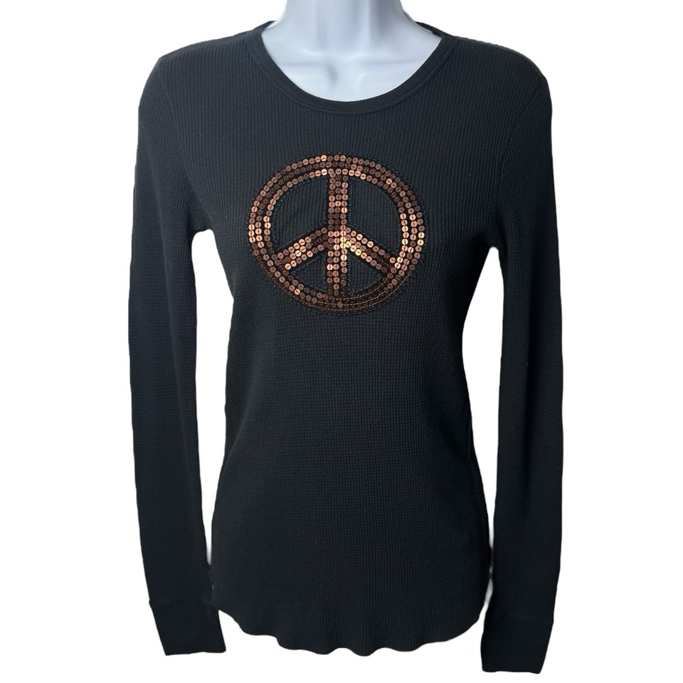 Y2K Lucky Brand Long Sleeve Sequin Peace Sign Thermal Top Bella Swan ...
