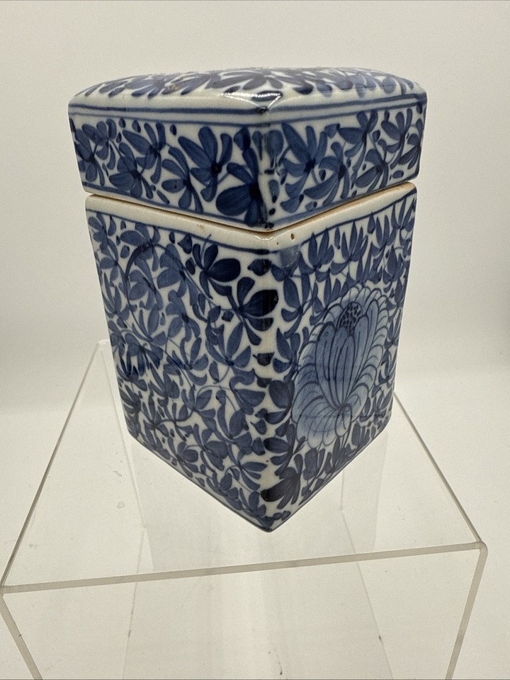 Vintage Chinoiserie Blue & White Floral Tea Ginger Keeper Square Jar ...