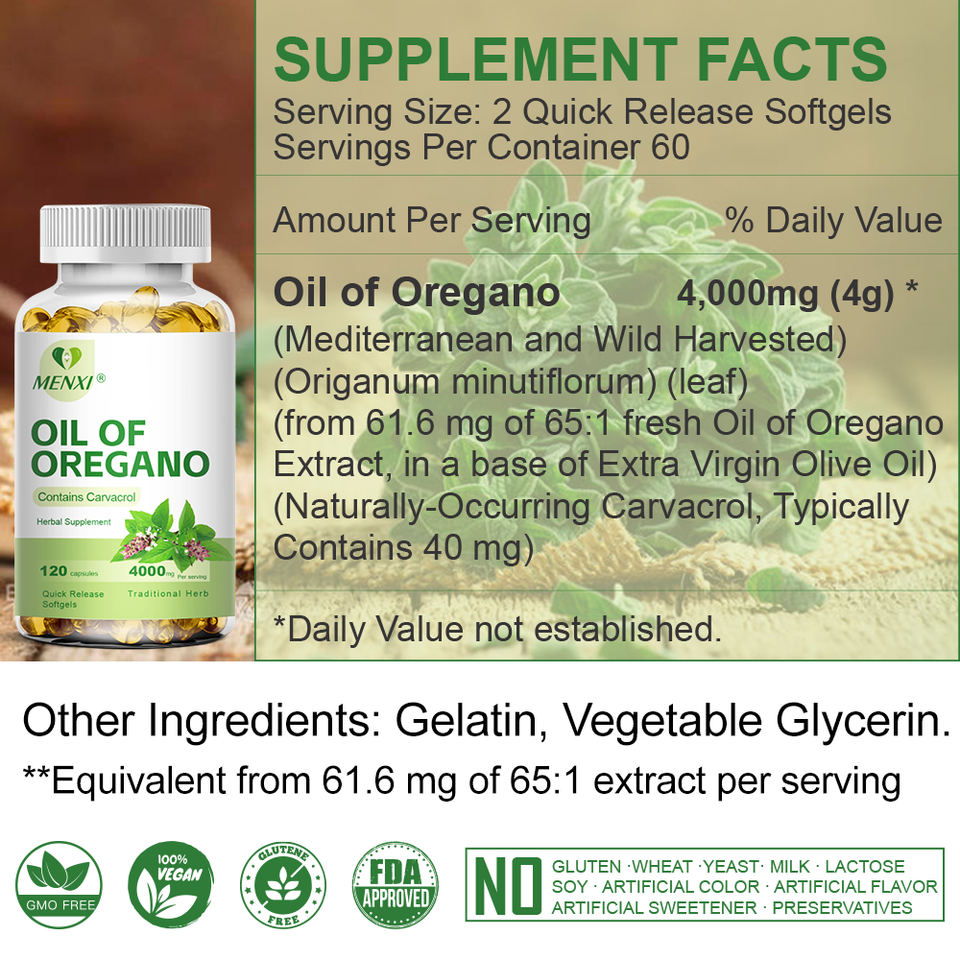 Oregano Oil 4000 mg 120 Softgel Capsules Contains Carvacrol Herbal ...