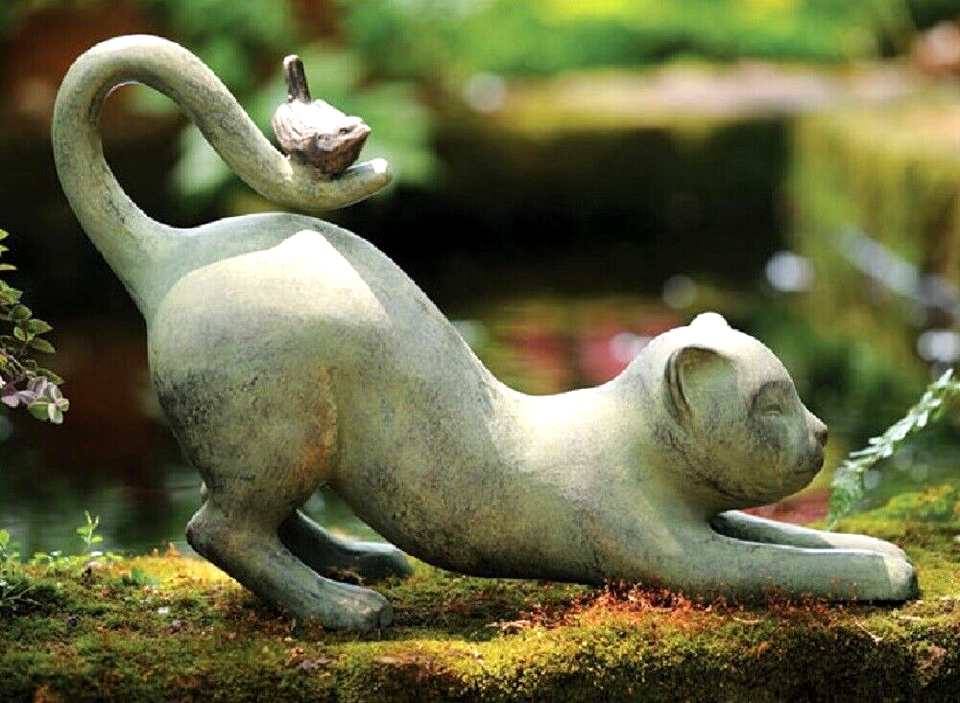 Crouching Cat With Bird Friend Garden Sculpture Statue Whimsical SPI ...