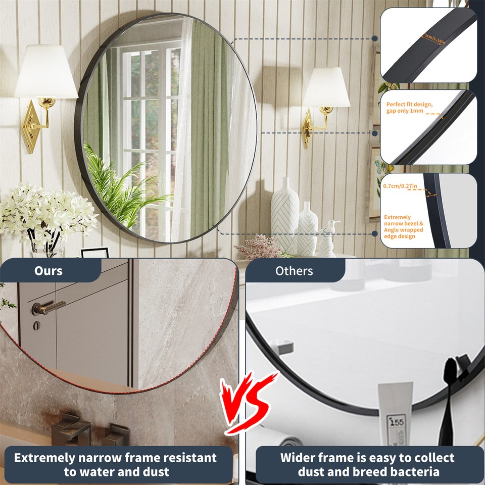 Chic Black Metal Frame Round Mirror 32'' Wide Wall Vanity Mirror Home ...