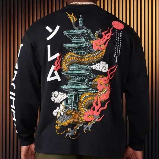 YOUNGLA Tokyo Longsleeve Dragon Graphic Print Black T-Shirt Mens M | eBay