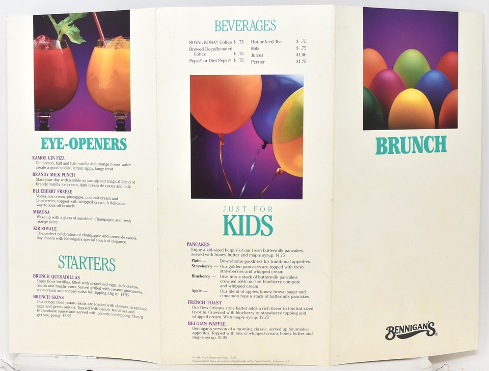 1986 Bennigan's Restaurant Brunch Menu Eggs Pancakes Omelette Beverages ...